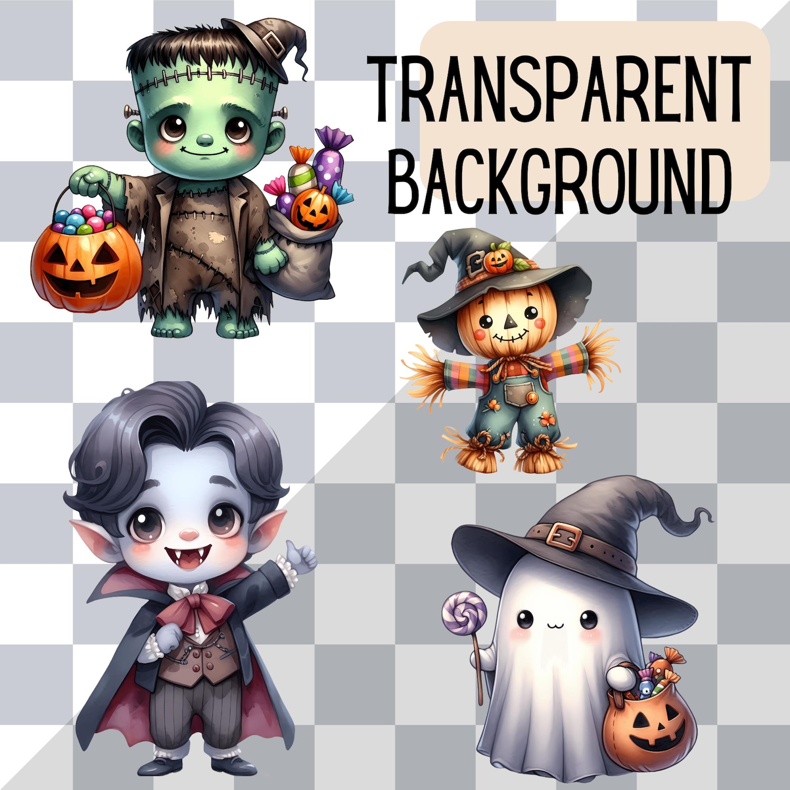 Cute Watercolor Halloween Characters Clipart Cute Ghost PNG Happy ...