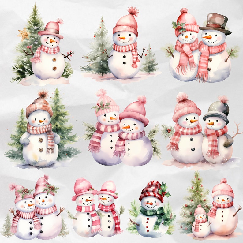 Cute Pink Snowman Clip Art Watercolor Christmas Design Element ...