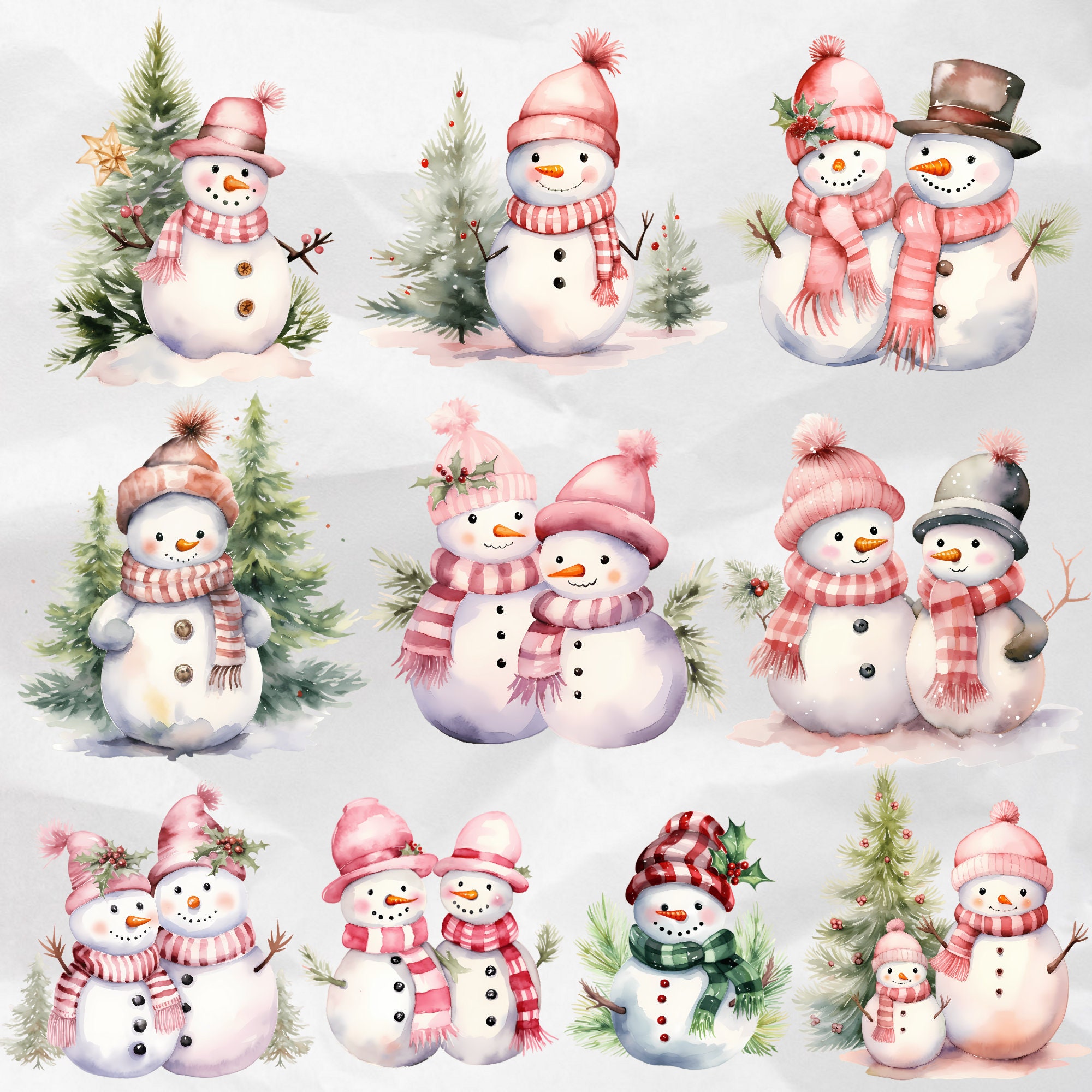 Cute Pink Snowman Clip Art Watercolor Christmas Design Element ...