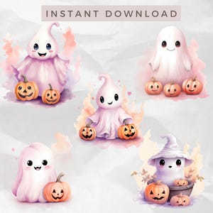 Watercolor Cute Ghost Clipart Halloween Clipart Bundle Cute Pink Ghost ...