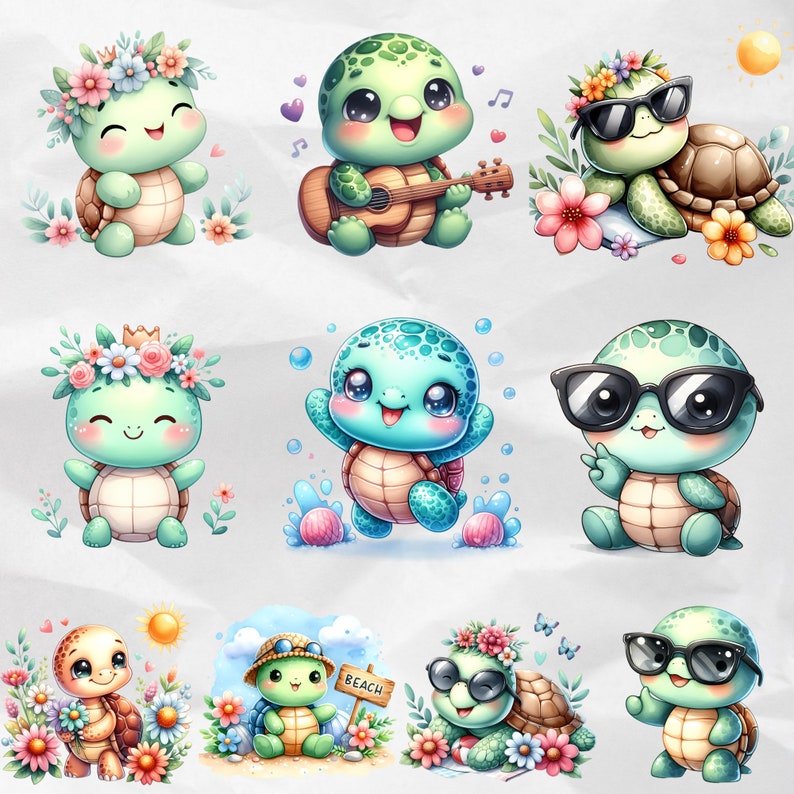 Cute Baby Turtle Clipart Watercolor Floral Turtle PNG Cute Sea Turtle ...