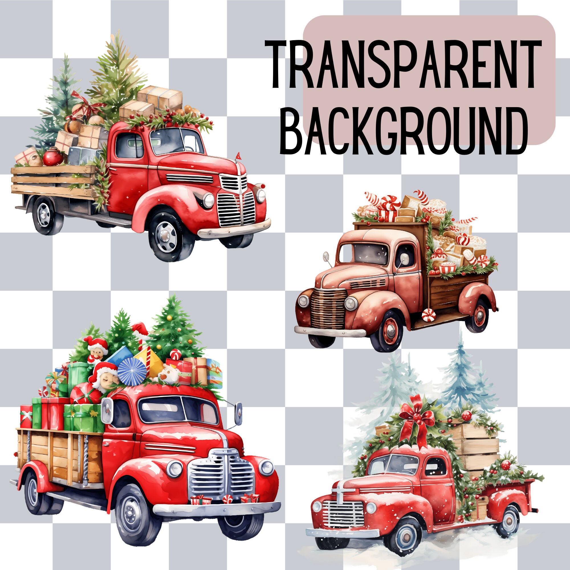 Watercolor Vintage Christmas Truck Clipart Christmas Truck PNG Bundle ...