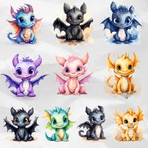Cute Baby Dragon Clipart Bundle, Watercolor Fantasy Dragon Clipart ...