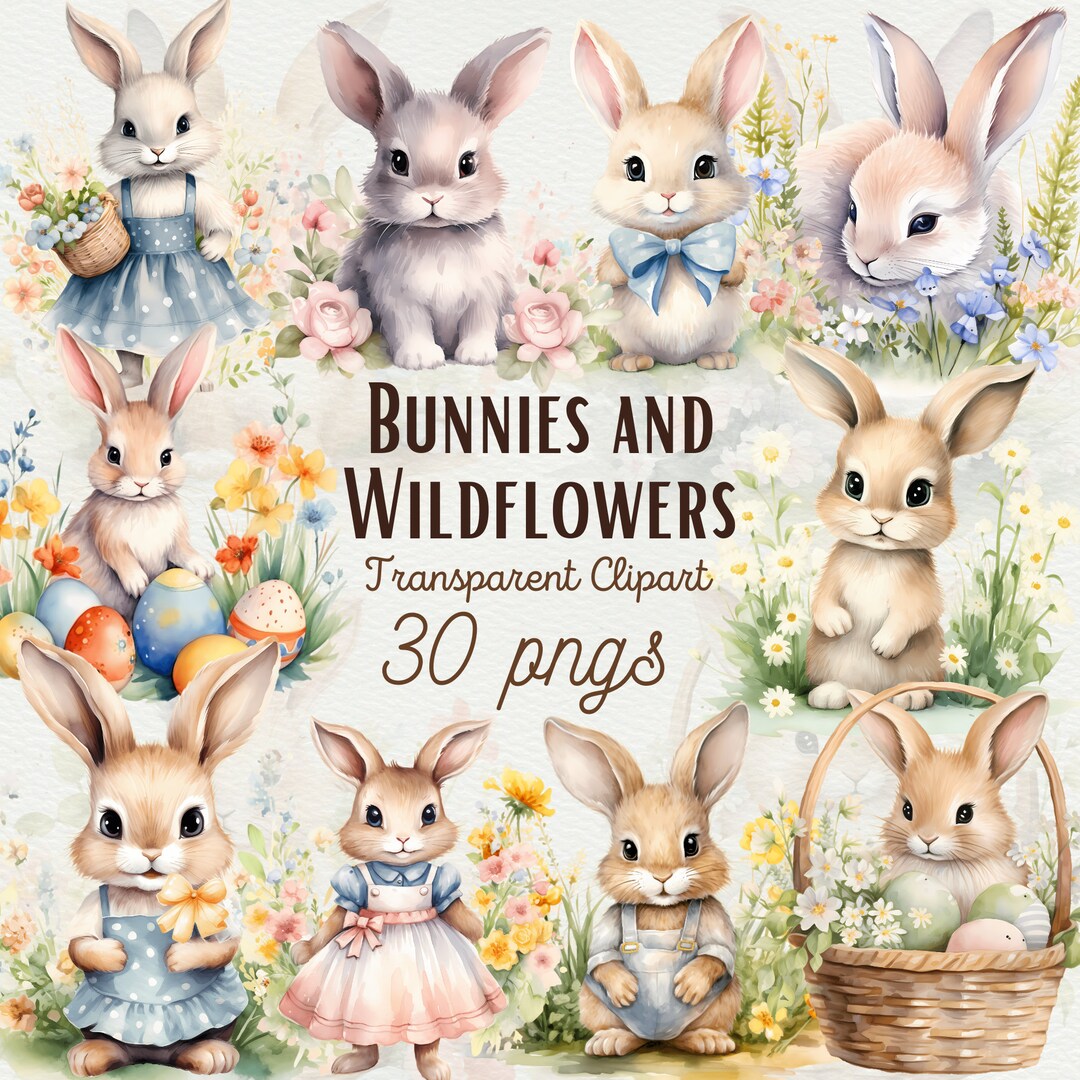 Watercolor Floral Bunny Clipart Bunnies and Wildflowers Clipart Nursery ...