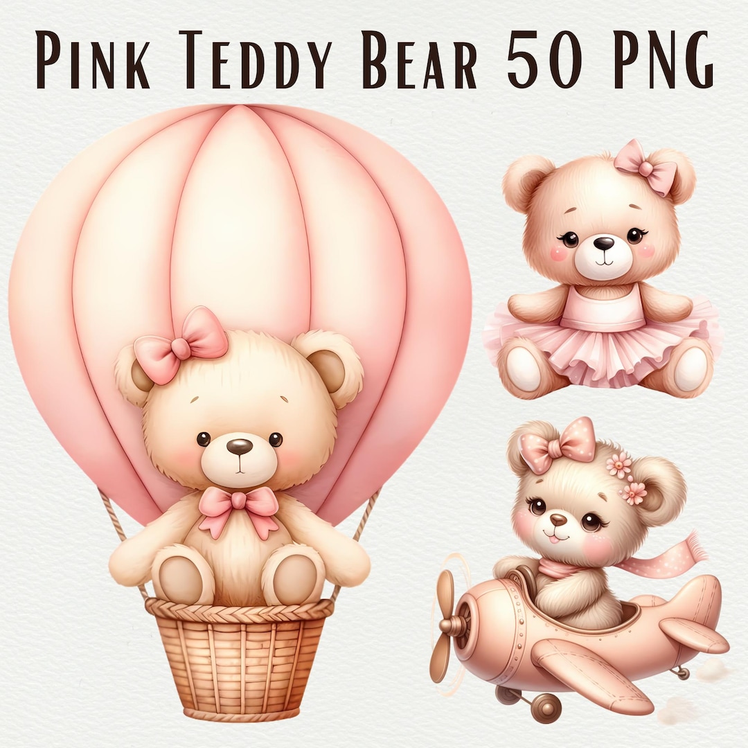 50 Watercolor Teddy Bear Clipart Pink Baby Shower Teddy Bear PNG Pink ...