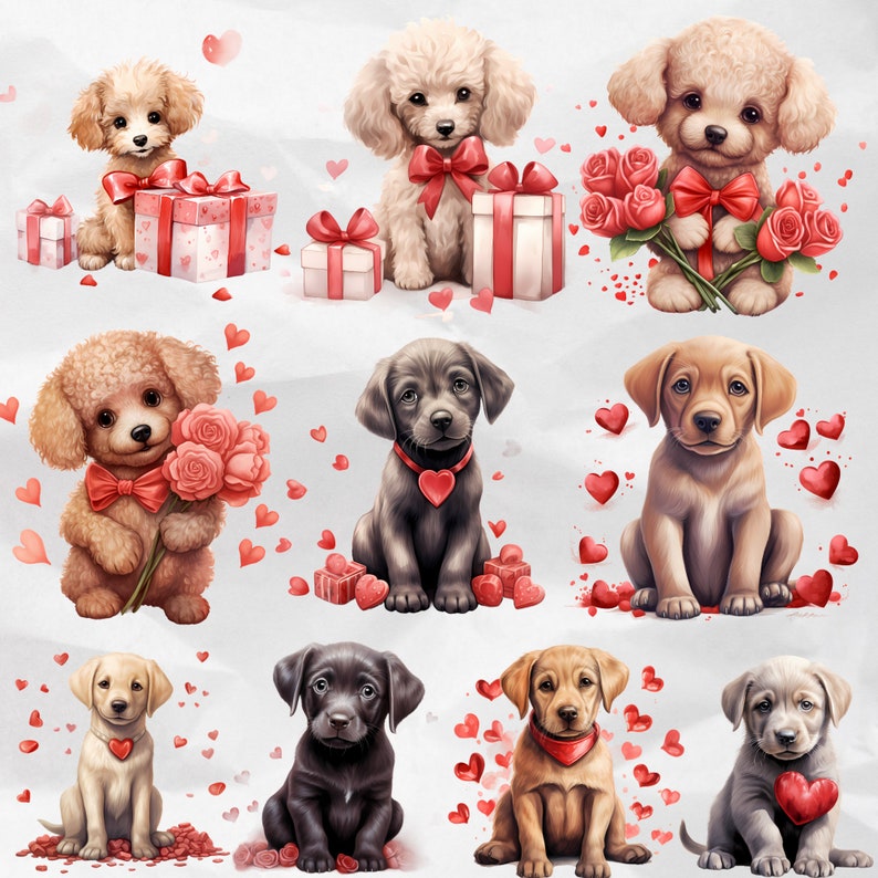 Watercolor Valentines Puppies Clipart 40 PNG Valentines Day Clipart ...