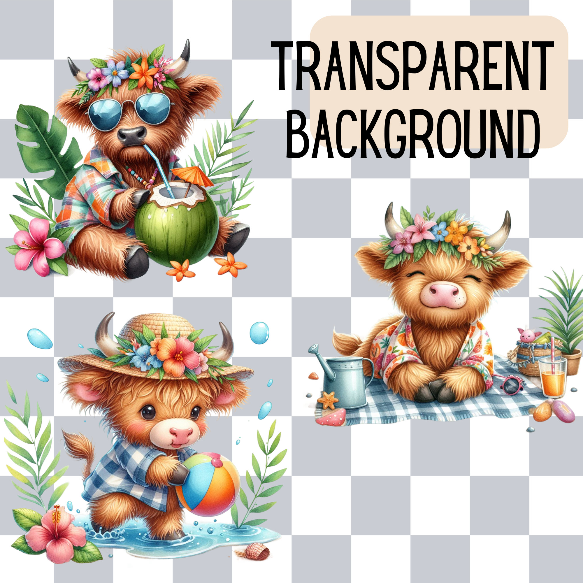 Watercolor Summer Highland Cows Collection Clipart Summer Baby Highland ...