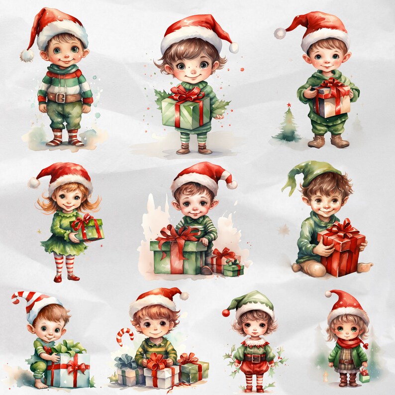 Christmas Elves Watercolor Clipart PNG Christmas Elf Clipart PNG ...