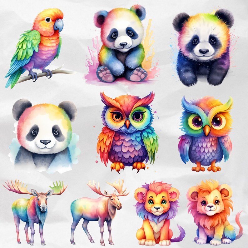 Watercolor Rainbow Animals Clipart Colorful Animals Designs Cute ...