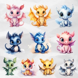 Cute Baby Dragon Clipart Bundle, Watercolor Fantasy Dragon Clipart ...