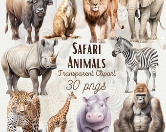 20 Safari Animals Clipart Set Hand Drawn Watercolor Digital PNG Lion ...