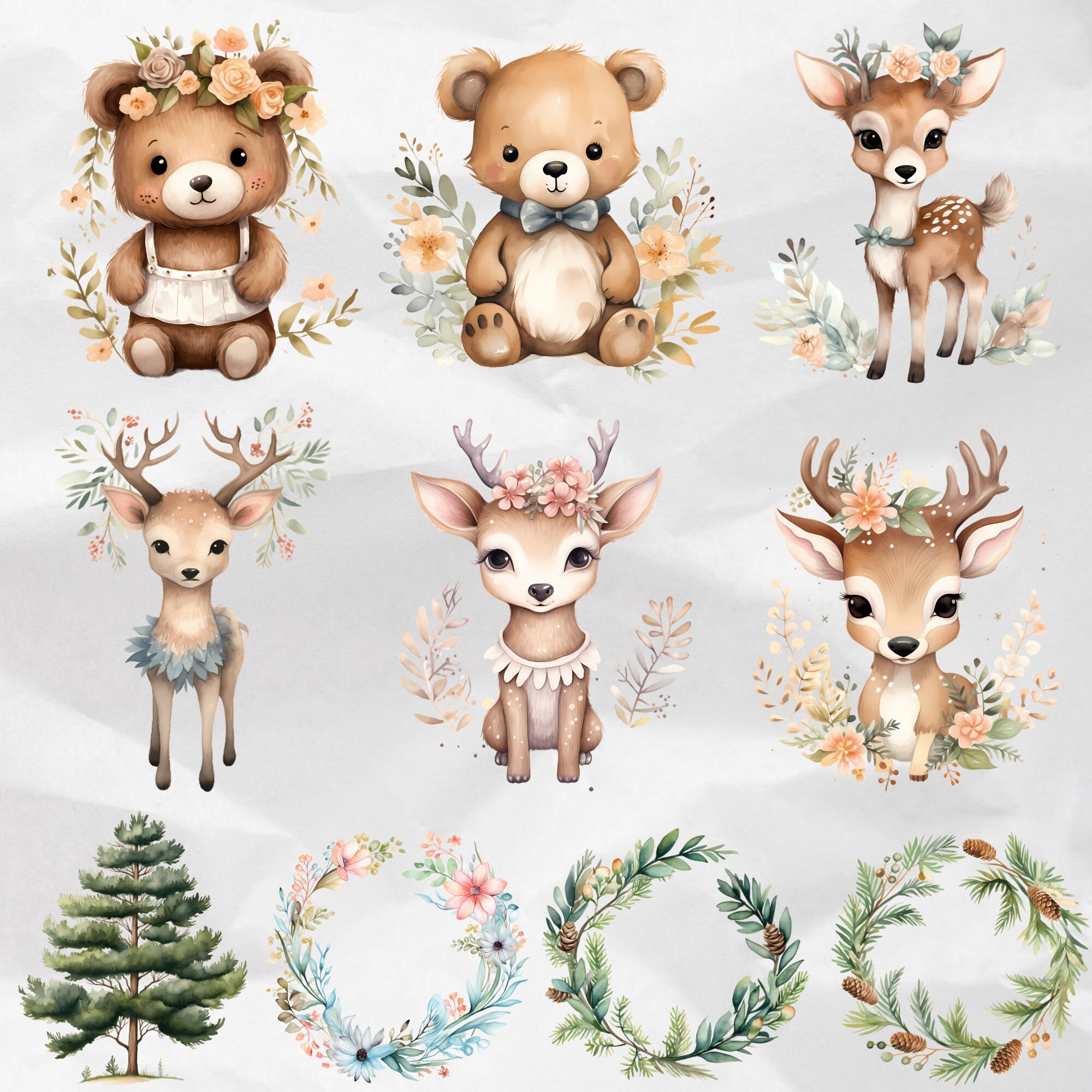 Boho Woodland Animals Clipart Cute Watercolor Animals Clipart Cute ...