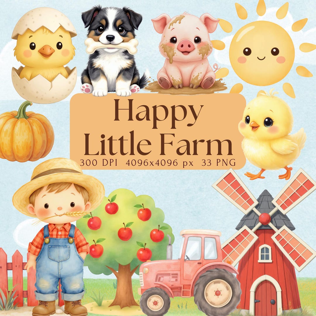 Happy Little Farm Clipart Bundle Cute Watercolor PNG for Crafts & DIY ...