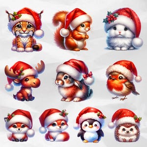 Cute Animals Wearing Santa Claus Hat Winter Woodland Animals Clipart ...