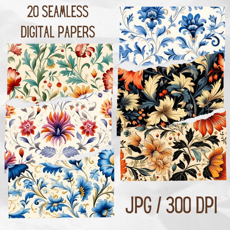 24 Sheet Printable Florentine Digital Paper Vintage Flower Pattern ...