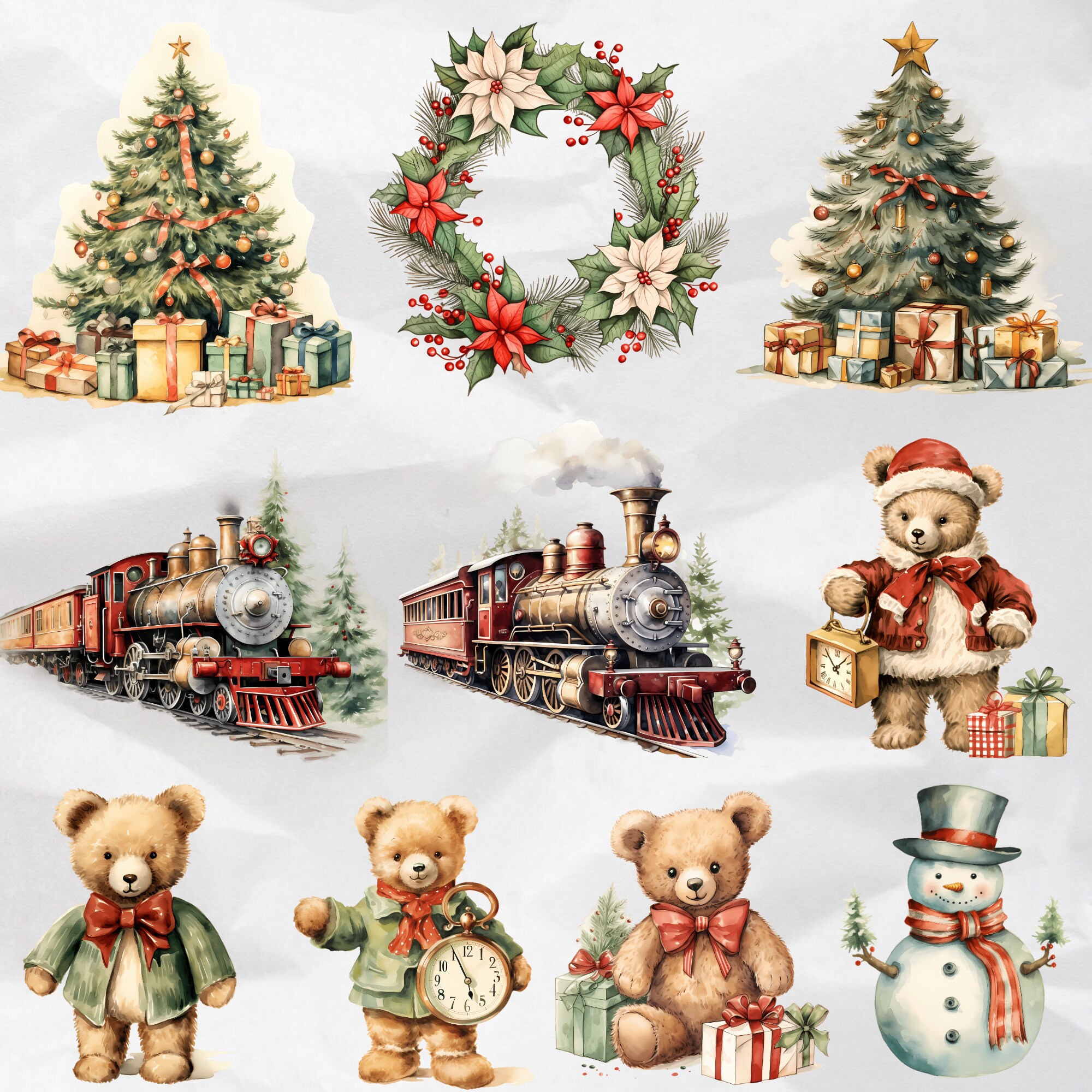 Watercolor Retro Vintage Christmas Clipart Bundle Winter Clipart ...