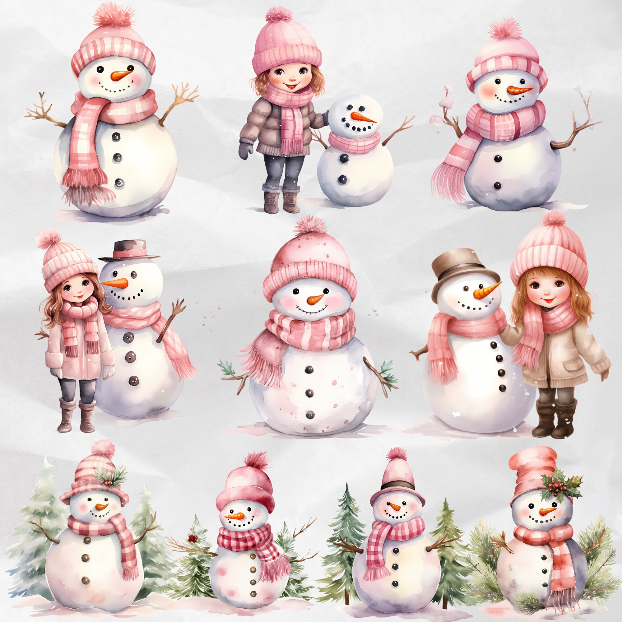 Cute Pink Snowman Clip Art Watercolor Christmas Design Element ...