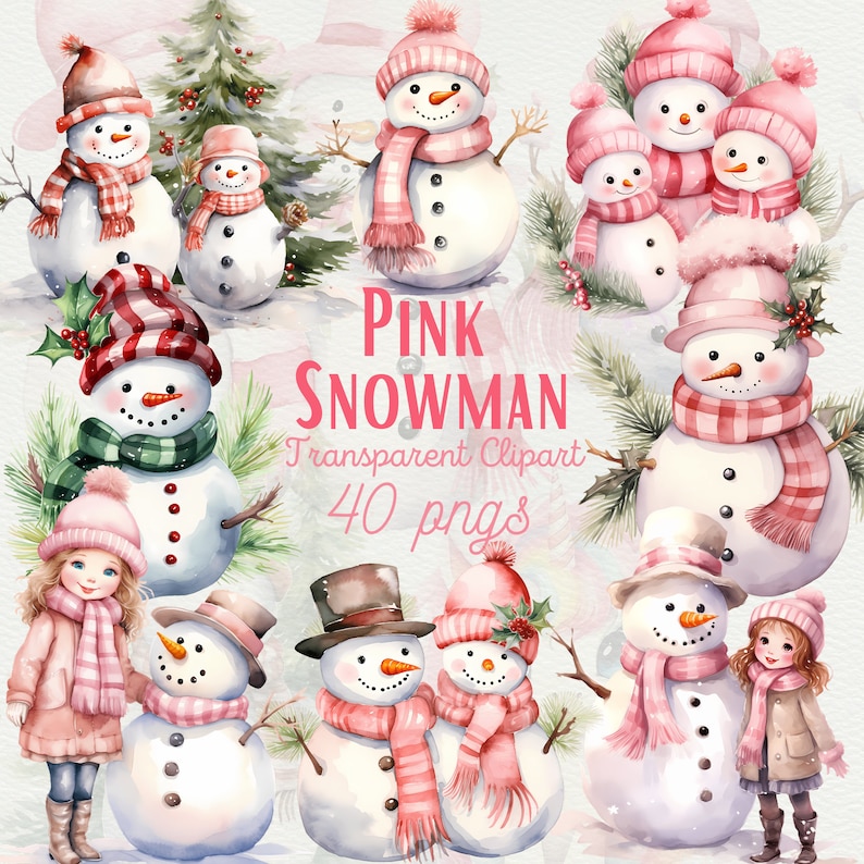 Cute Pink Snowman Clip Art Watercolor Christmas Design Element ...