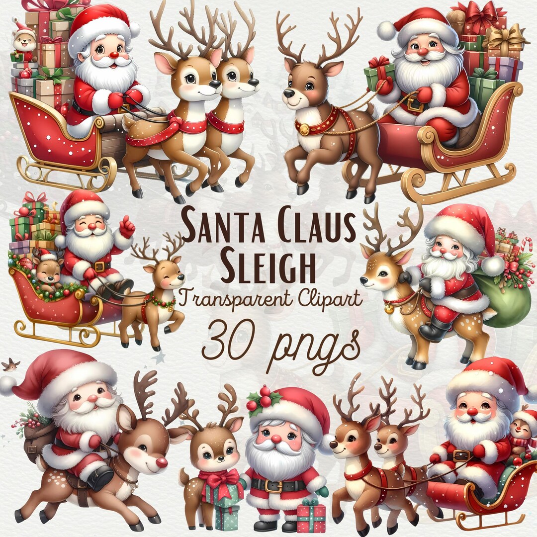 Santa Claus Flying Sleigh Clipart Png - Christmas Watercolor Graphics ...