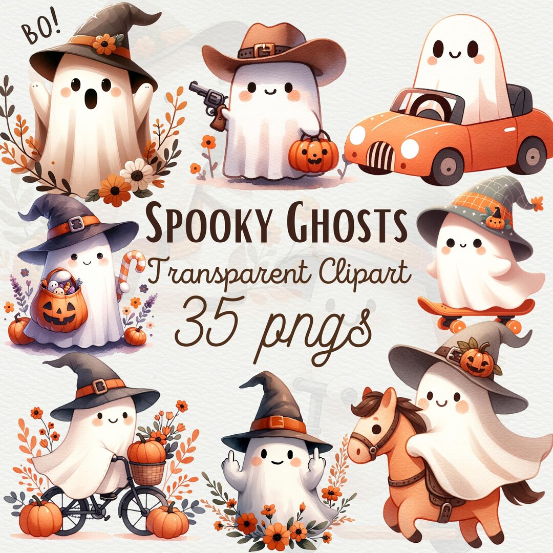 Watercolor Cute Halloween Ghost Clipart Fall Ghost PNG Pastel Halloween ...