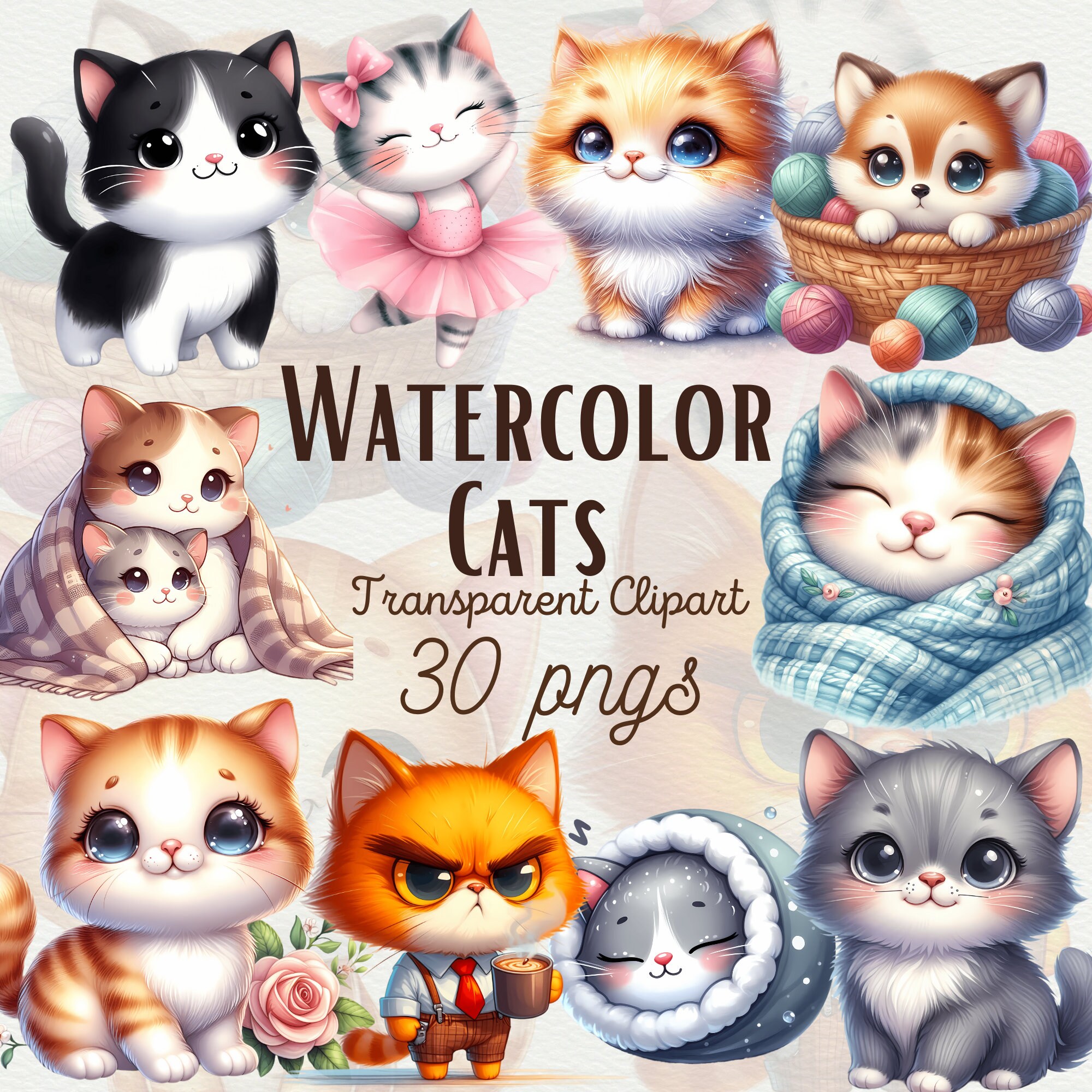 Watercolor Cute Cat Clipart Happy Cats Cartoon Cat PNG Baby Animals ...