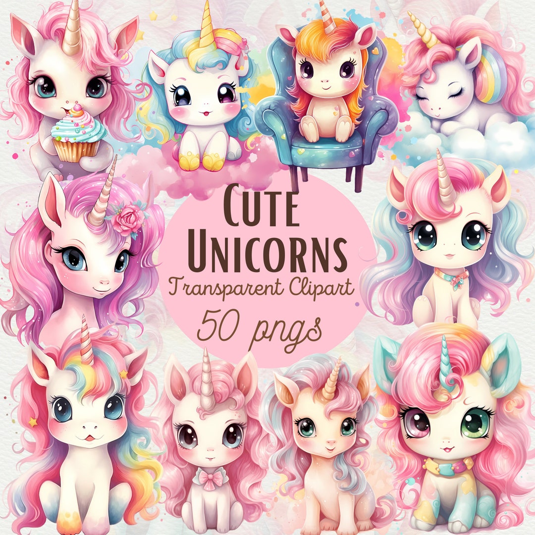 Cute Watercolor Kawaii Unicorn Clipart Bundle Cute Kawaii PNG Clipart ...