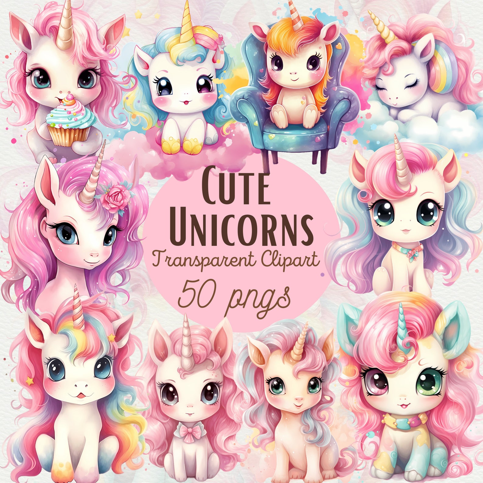 Cute Watercolor Kawaii Unicorn Clipart Bundle Cute Kawaii PNG Clipart ...