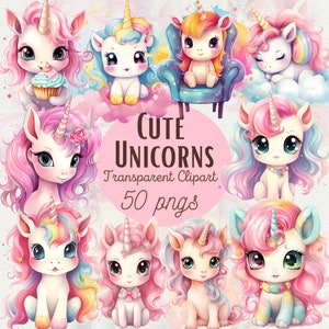Cute Watercolor Kawaii Unicorn Clipart Bundle Cute Kawaii PNG Clipart ...