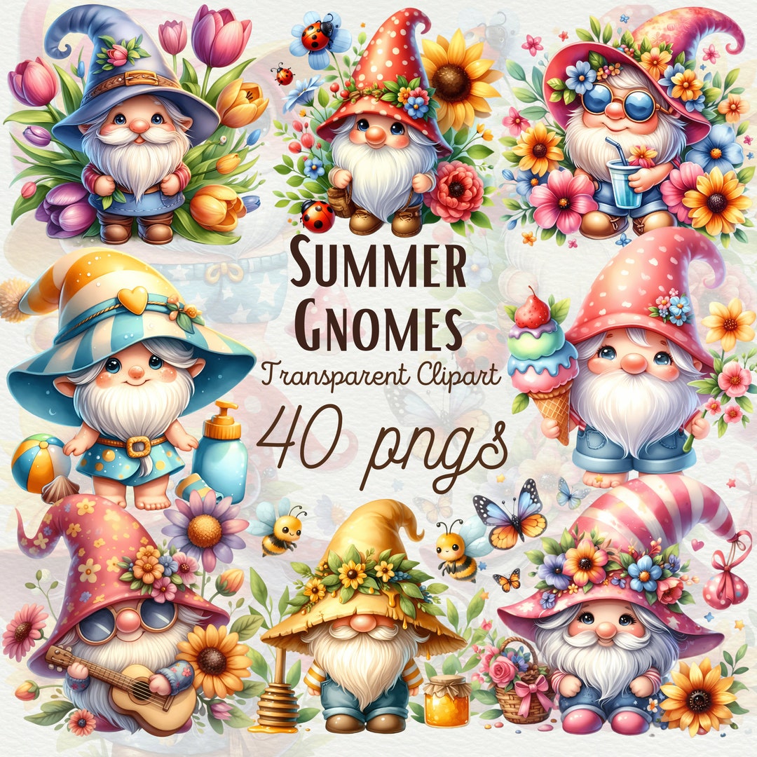 Summer Gnome Clipart Watercolor Gnome PNG Summer Clipart Floral Gnomes ...