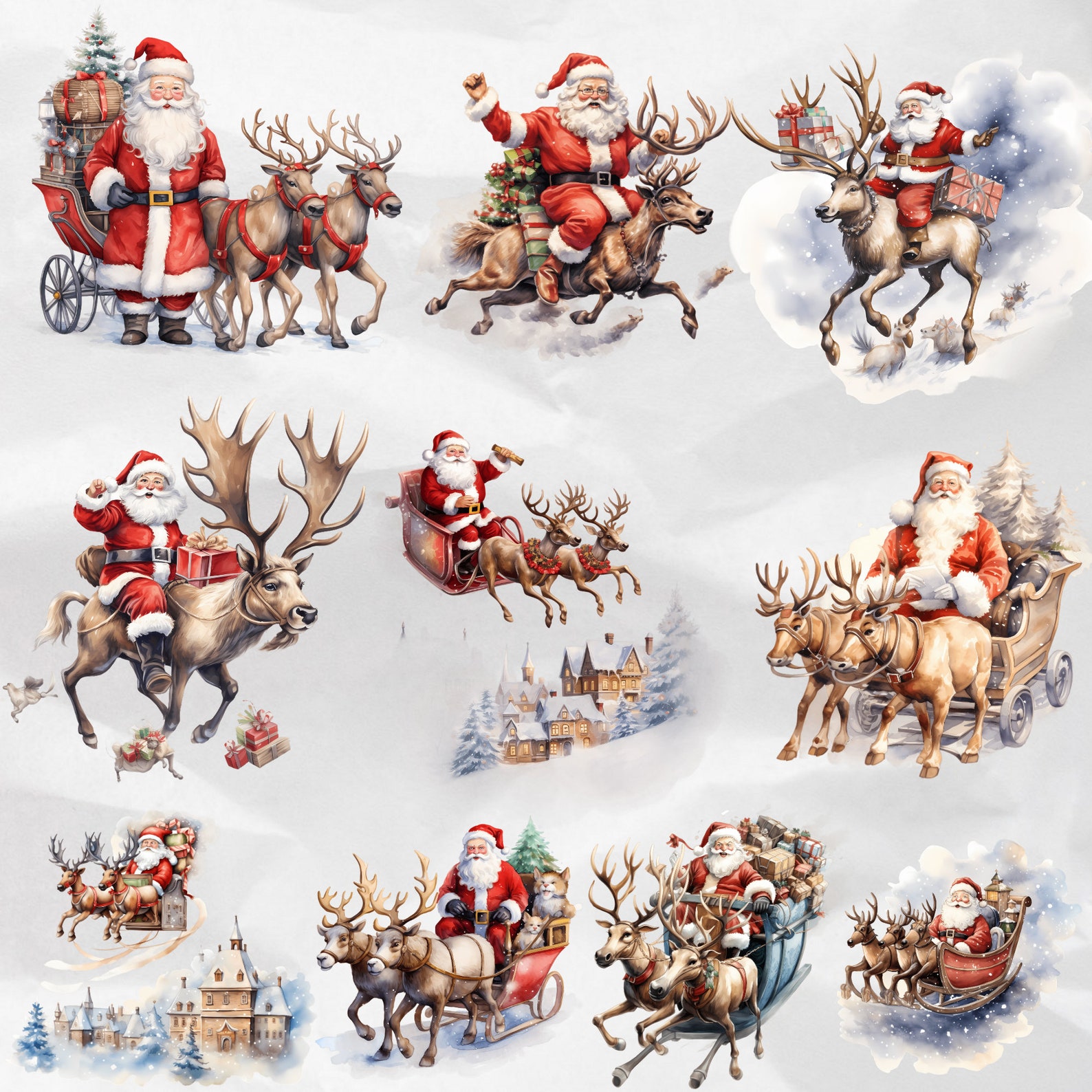 Santa Claus Sleigh Clipart Bundle Watercolor Christmas Flying Reindeer ...