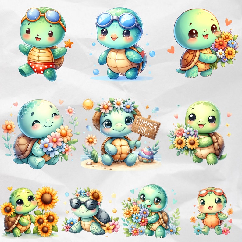 Cute Baby Turtle Clipart Watercolor Floral Turtle PNG Cute Sea Turtle ...