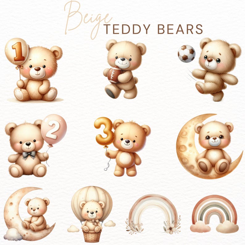 Watercolor Teddy Bear Clipart Neutral Baby Shower Clipart Beige Nursery ...