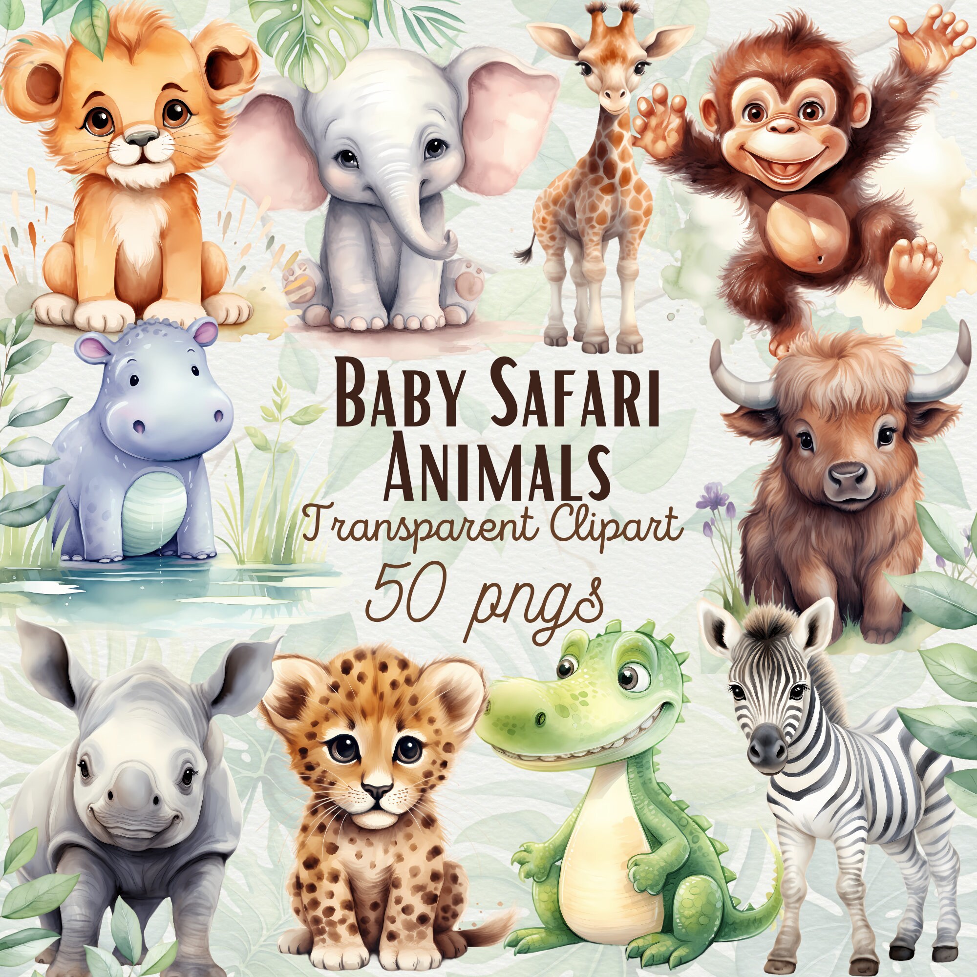 Baby Safari Animals Clipart Watercolor Safari Animal PNG Cute Jungle ...