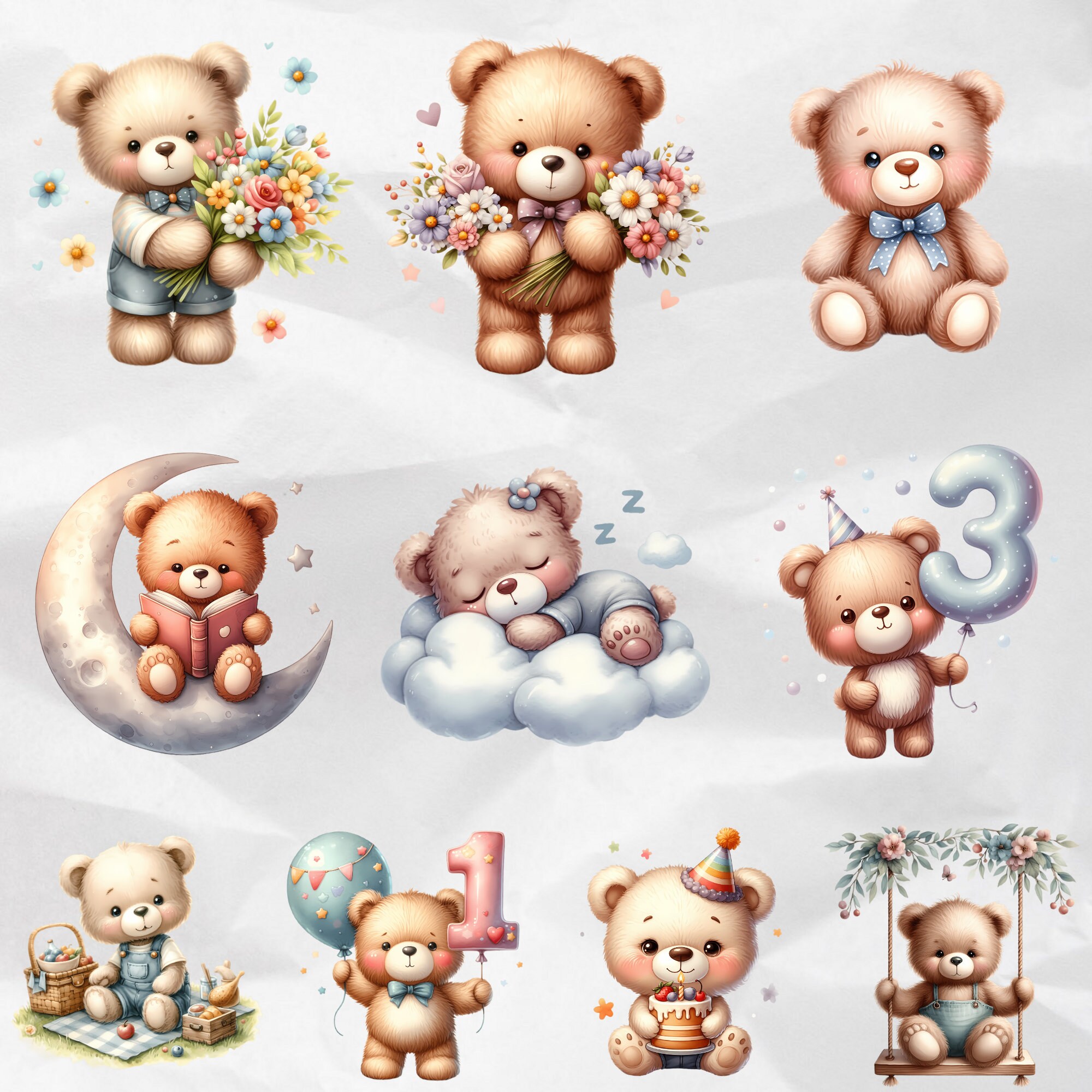 Watercolor Teddy Bear Clipart Birthday Bear Clipart Cute Teddy Bear PNG ...