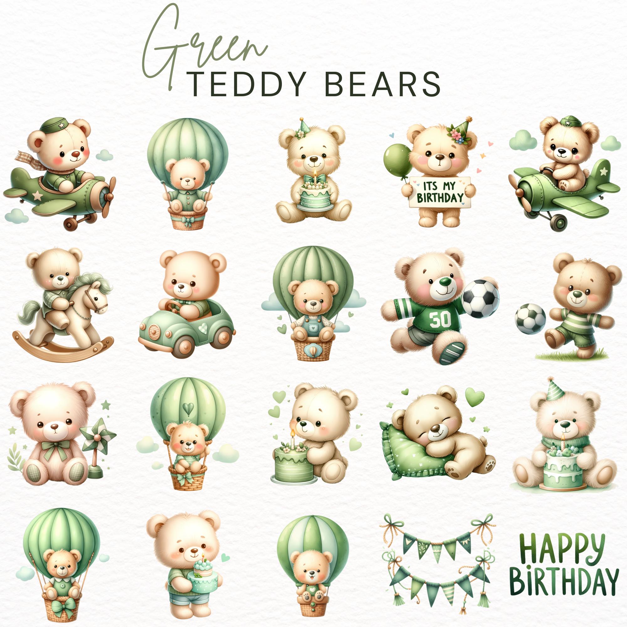Green Teddy Bear Clipart Bundle - Cute Digital Graphics for Kids Crafts ...