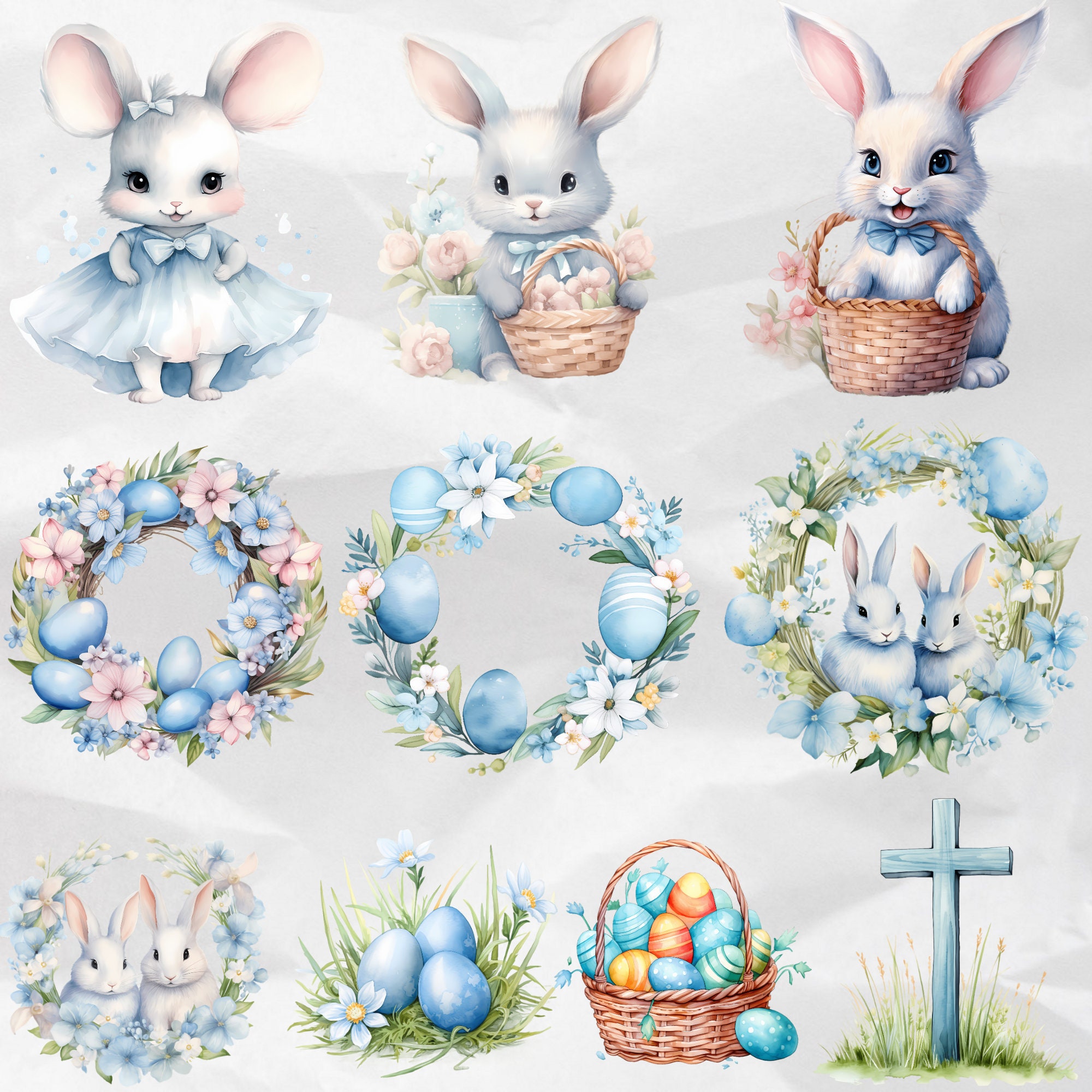 Blue Watercolor Easter Clipart Blue Easter Bunny Graphics Easter Egg ...
