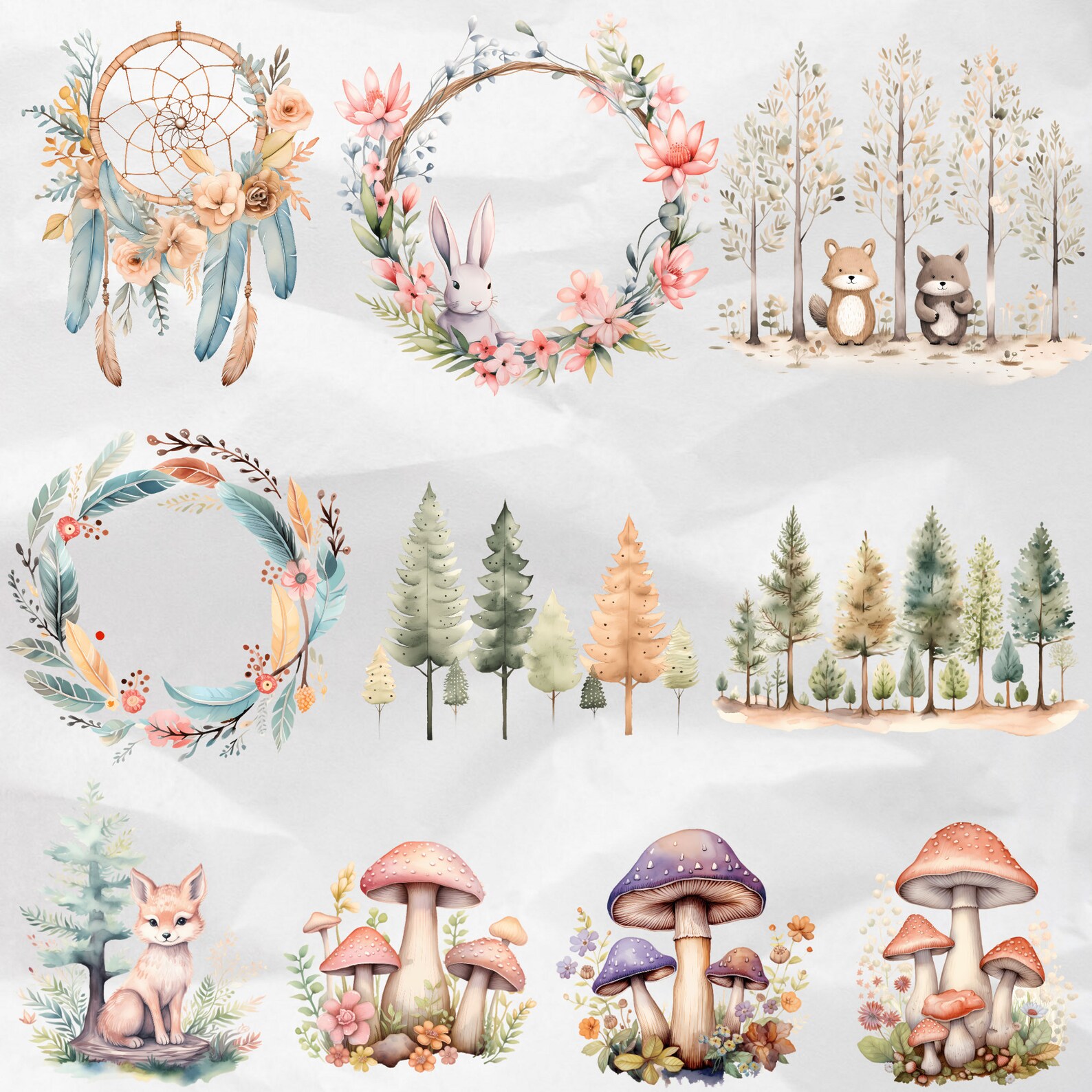 Boho Woodland Animals Clipart Cute Watercolor Animals Clipart Cute ...