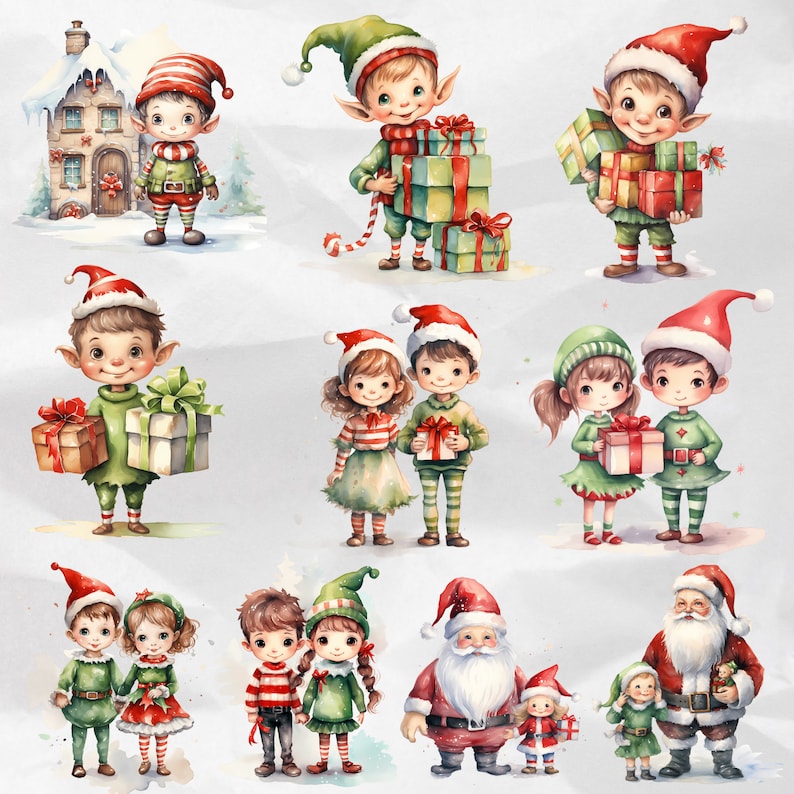 Christmas Elves Watercolor Clipart PNG Christmas Elf Clipart PNG ...