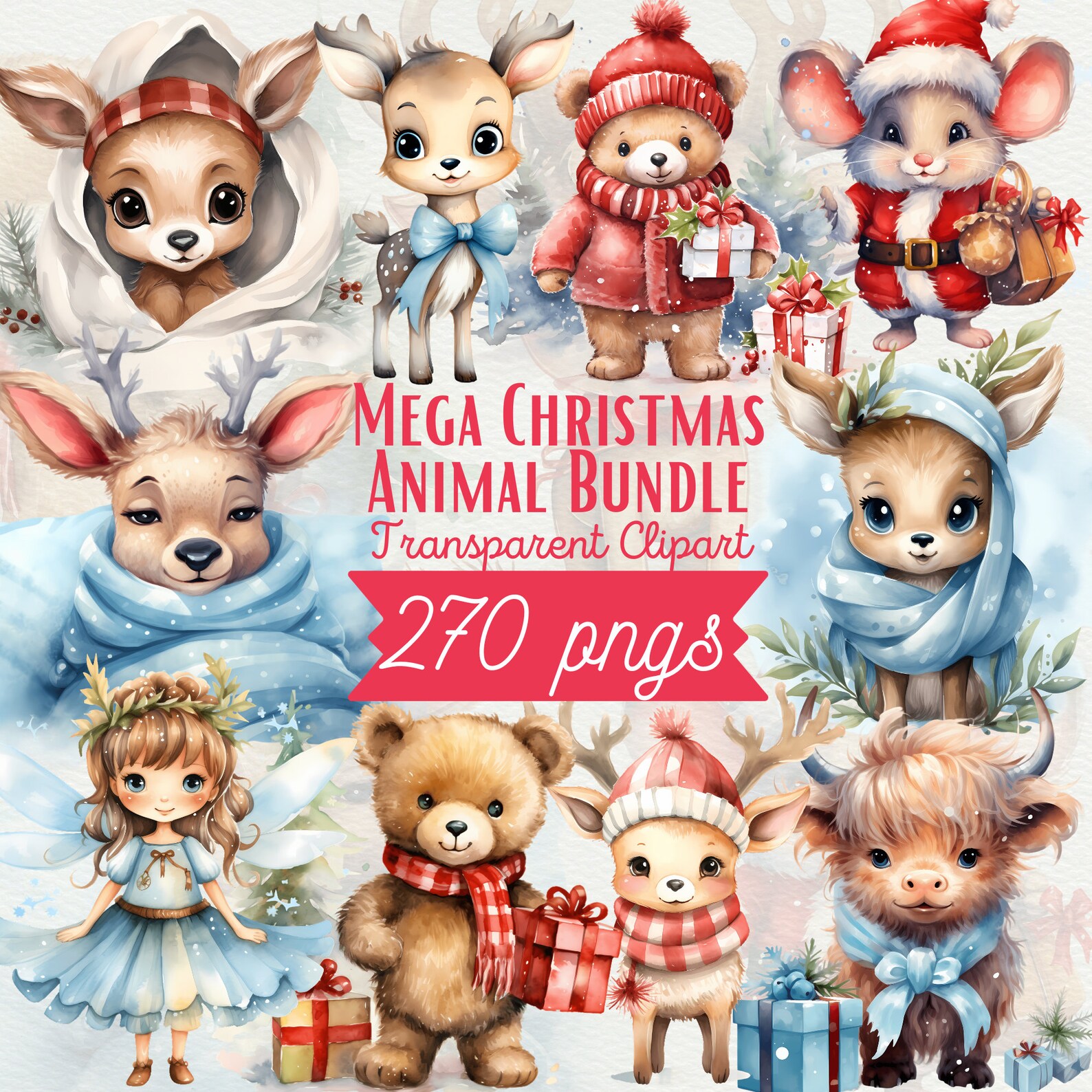 270 Cute Christmas Animal Clipart Bundle Christmas Gift Clipart Winter ...