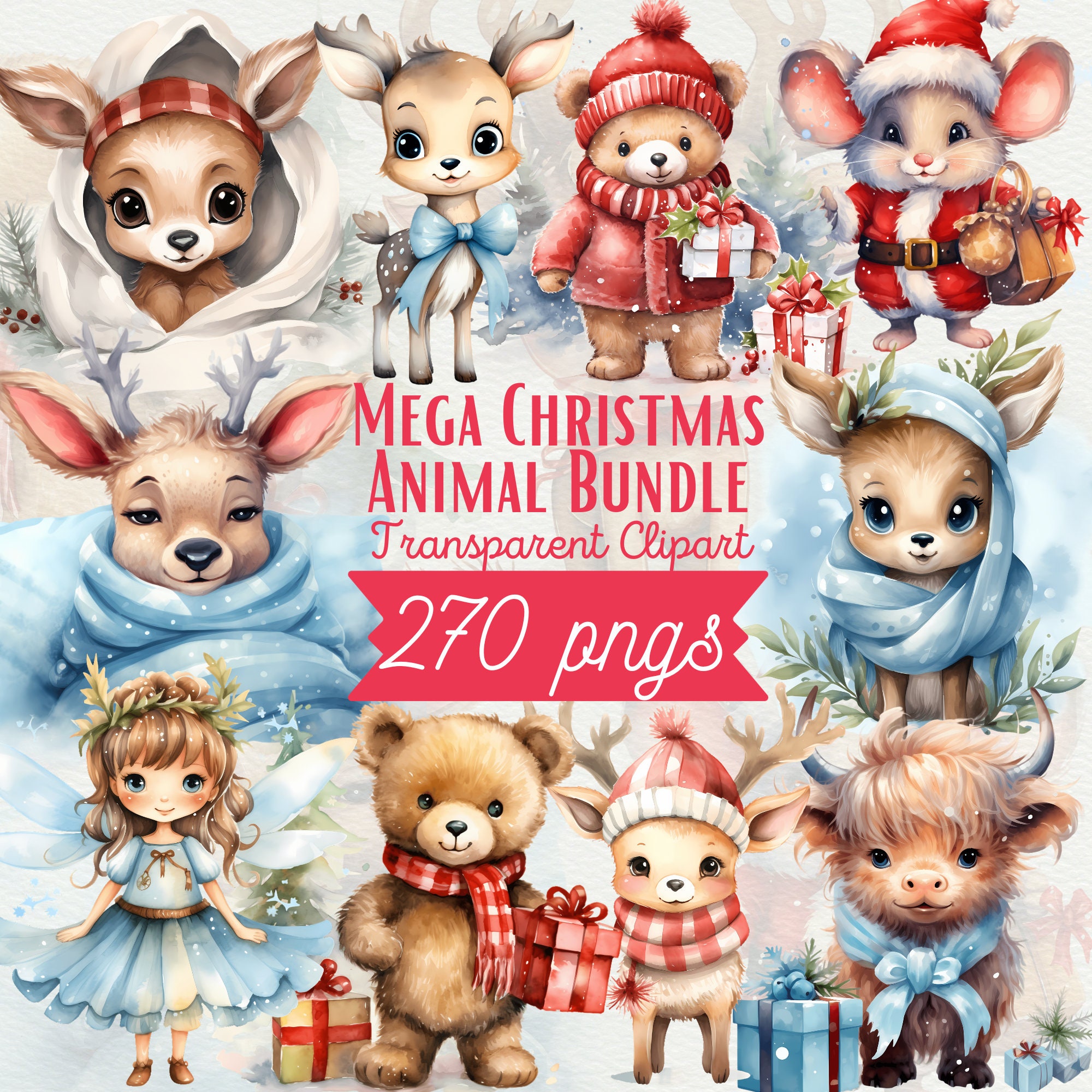 270 Cute Christmas Animal Clipart Bundle Christmas Gift Clipart Winter ...