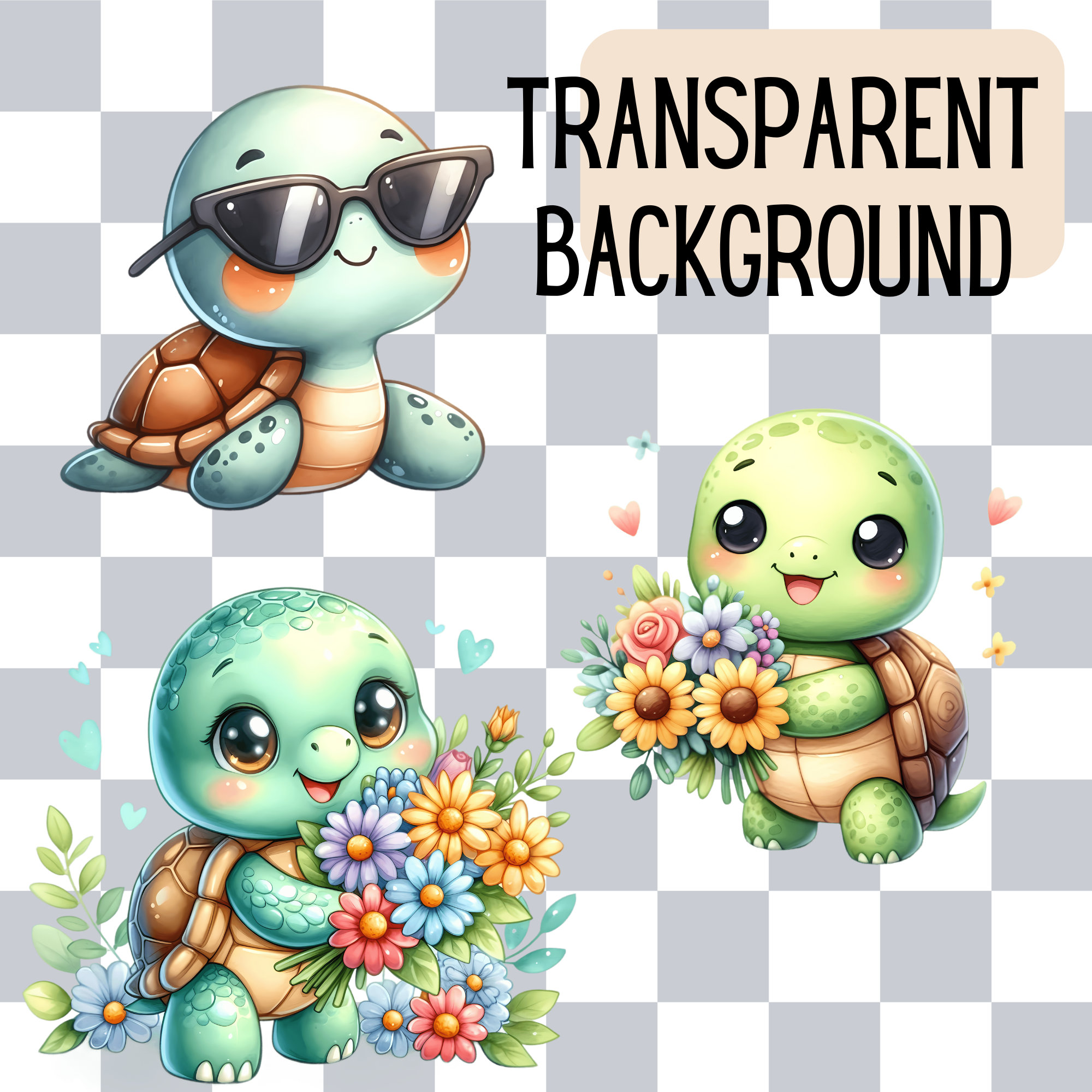 Cute Baby Turtle Clipart Watercolor Floral Turtle PNG Cute Sea Turtle ...