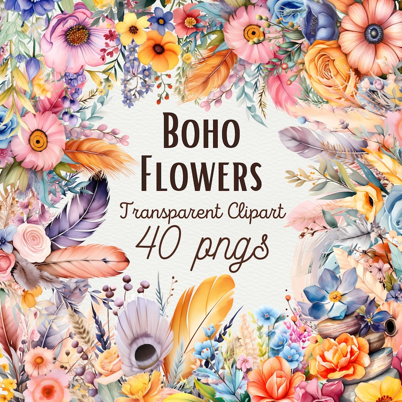 Watercolor Boho Flowers Clipart Wild Flower Clipart Floral Boho Clipart ...