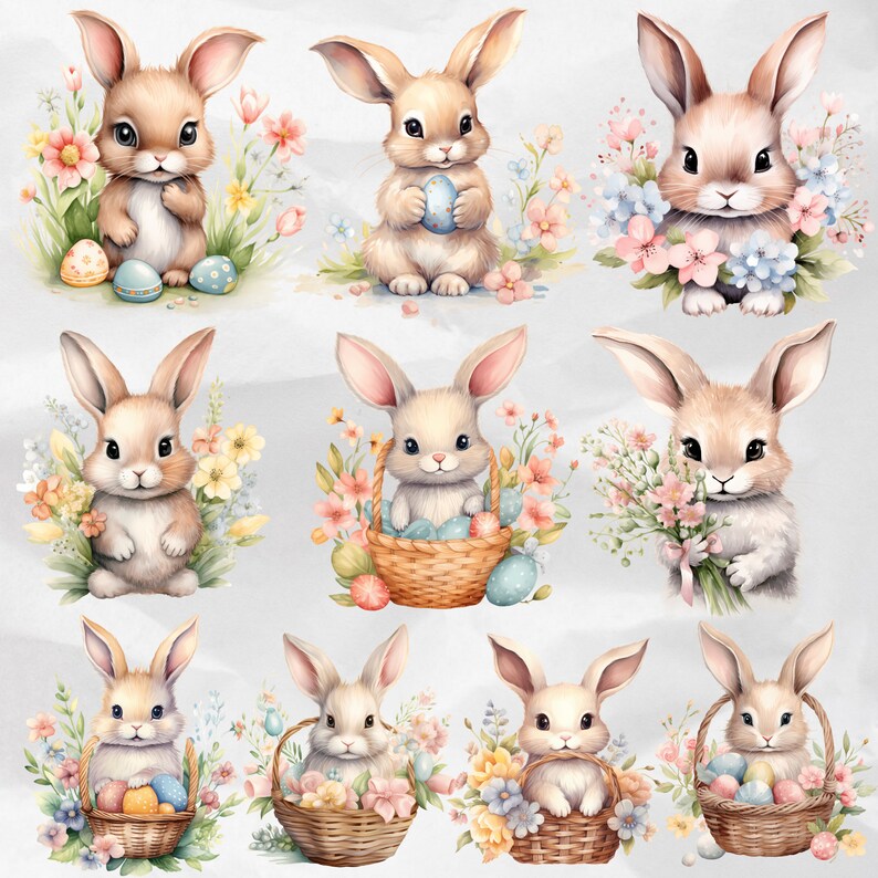 Watercolor Floral Bunny Clipart Nursery Spring Clipart Cute Easter ...
