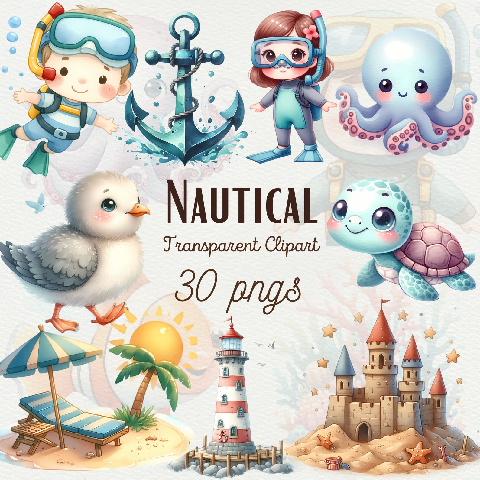 Watercolor Nautical Clipart Beach PNG Clipart Coastal Decor Summer ...