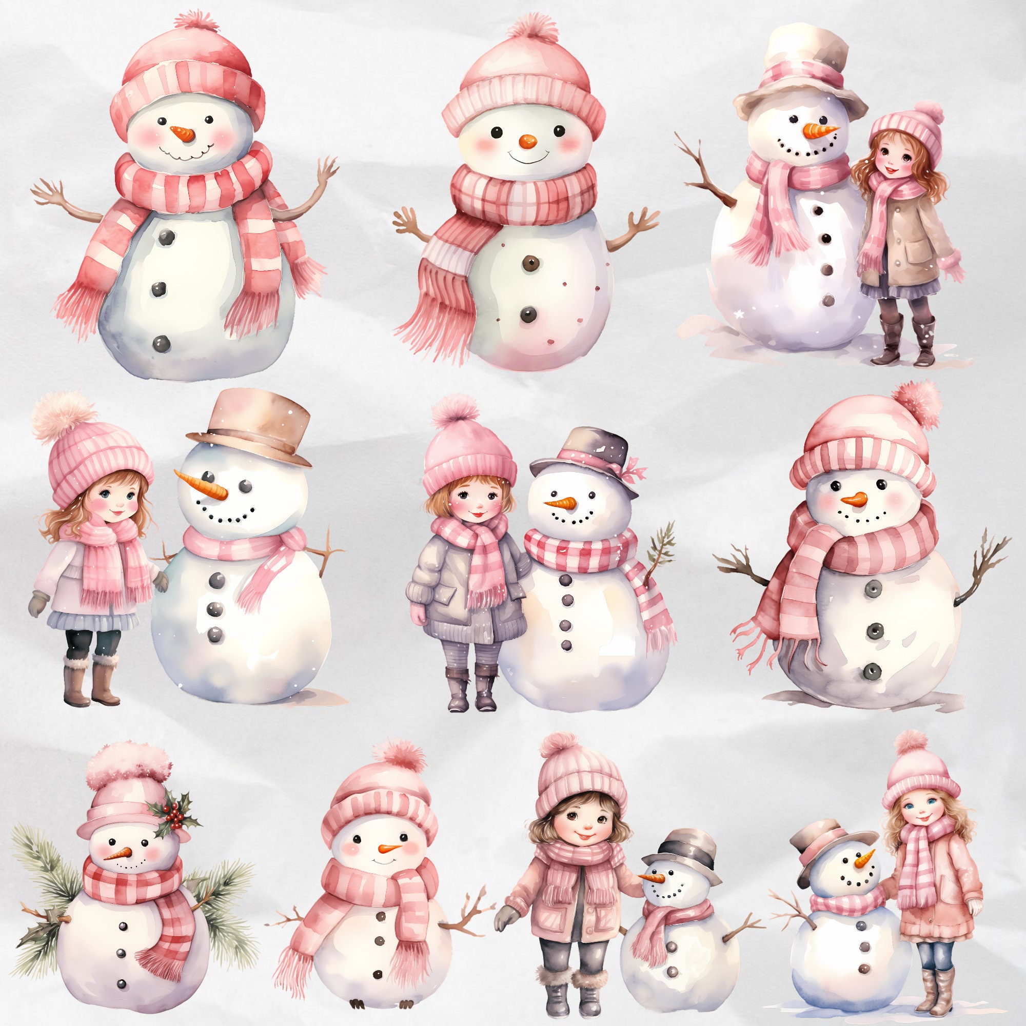 Cute Pink Snowman Clip Art Watercolor Christmas Design Element ...