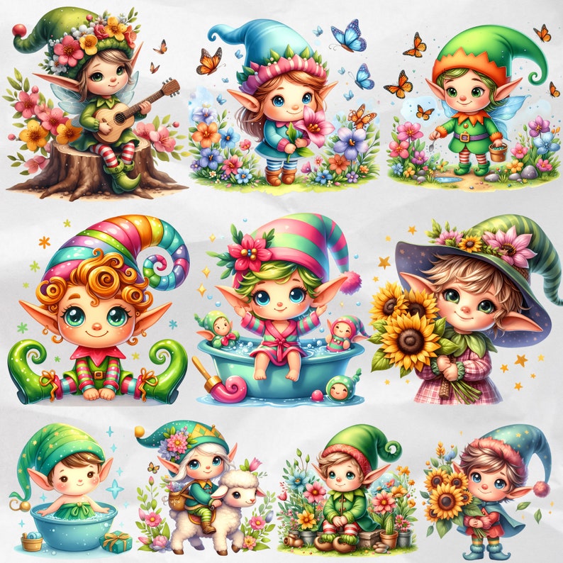 Watercolor Spring Elves PNG Cute Flower Elf Clipart Graphics Watercolor ...