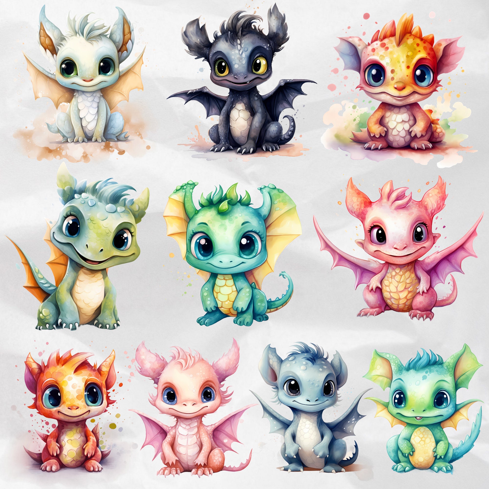 Cute Baby Dragon Clipart Bundle, Watercolor Fantasy Dragon Clipart ...