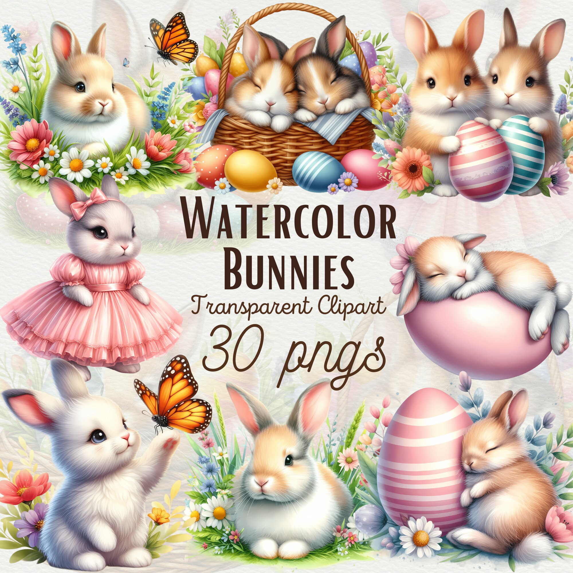 Watercolor Bunny Clipart Floral Spring Bunnies PNG Nursery Spring ...
