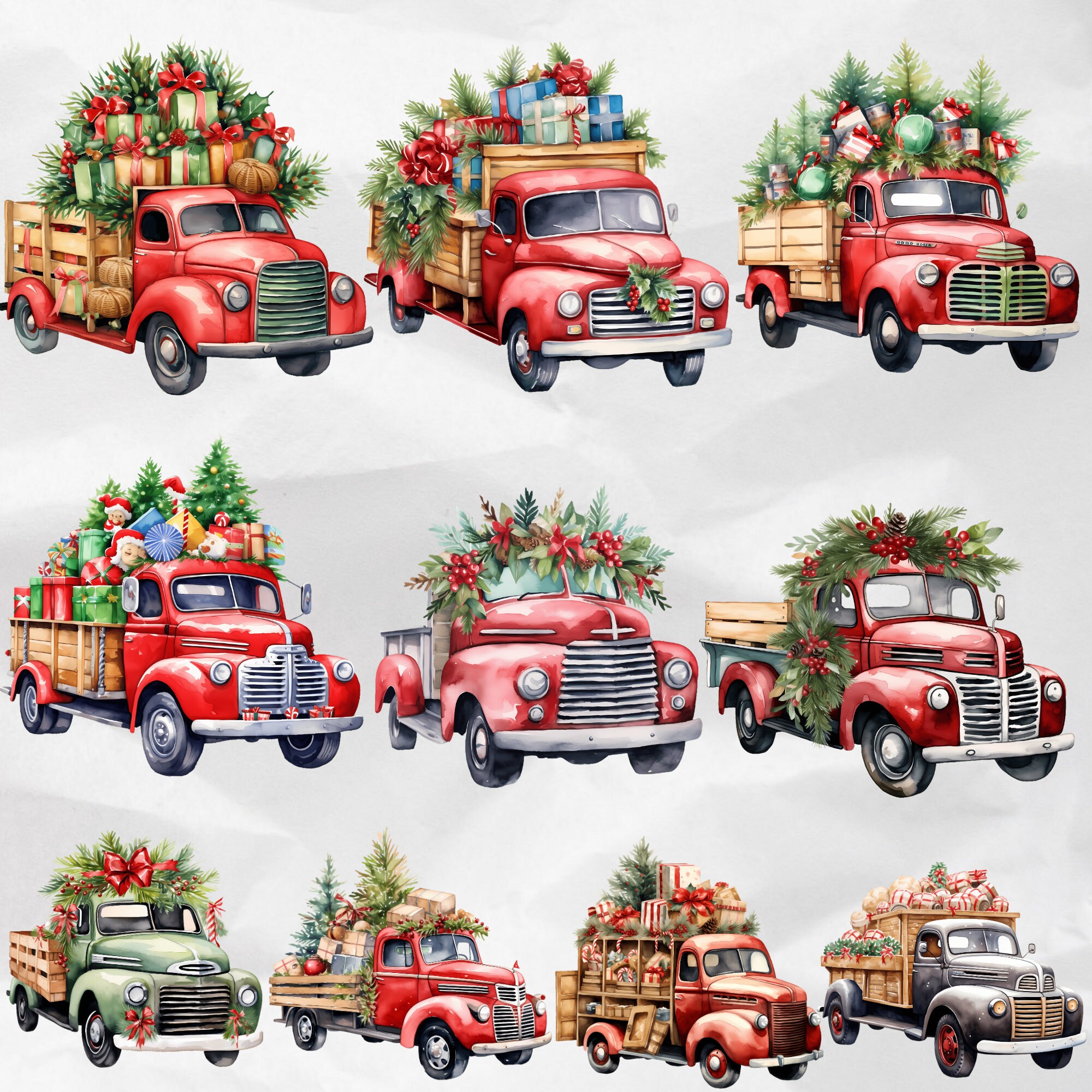 Watercolor Vintage Christmas Truck Clipart Christmas Truck PNG Bundle ...
