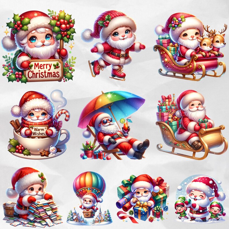 Cute Santa Claus Clipart Bundle Watercolor Christmas Santa Claus Sleigh ...